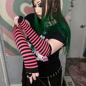 Emo Striped Arm Warmers [black/hot Pink] - Etsy
