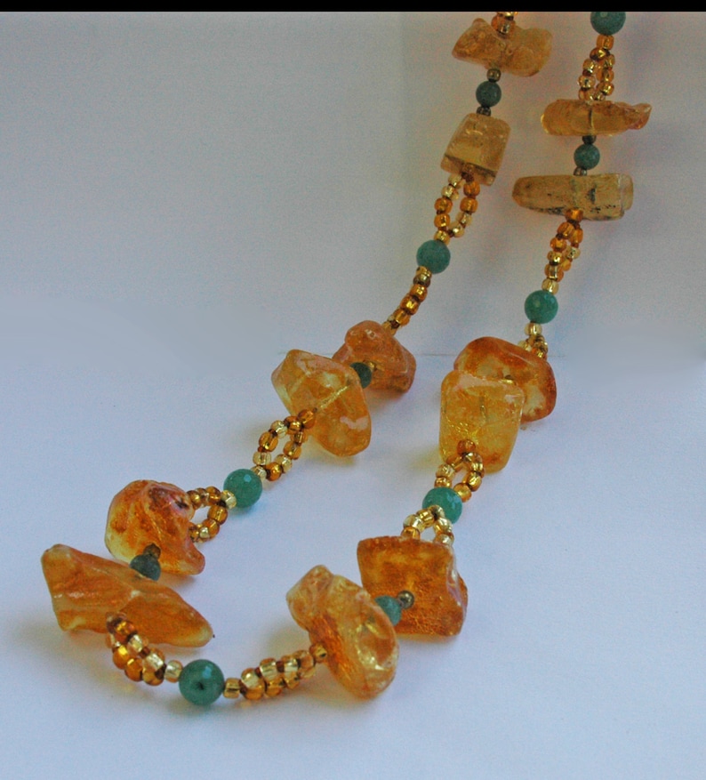 Amber Jade Raw Chunky Amber Jadeite and Aventurine Stone Necklace, Hand ...