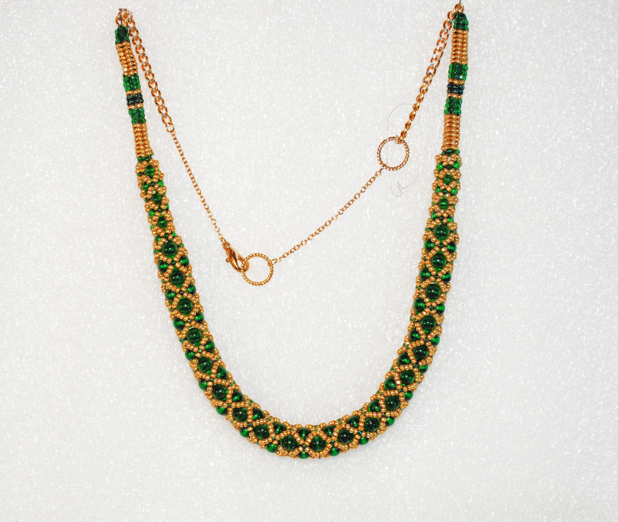Green and Gold Beaded Netted Rope Necklace One of a Kind Original ...