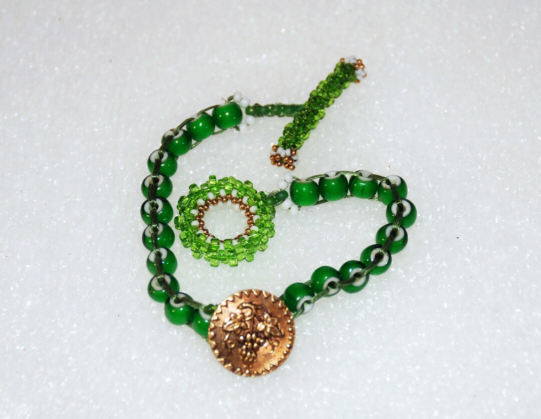 African Trade Bead Green White Heart Woven Beaded Bracelet With Antique ...