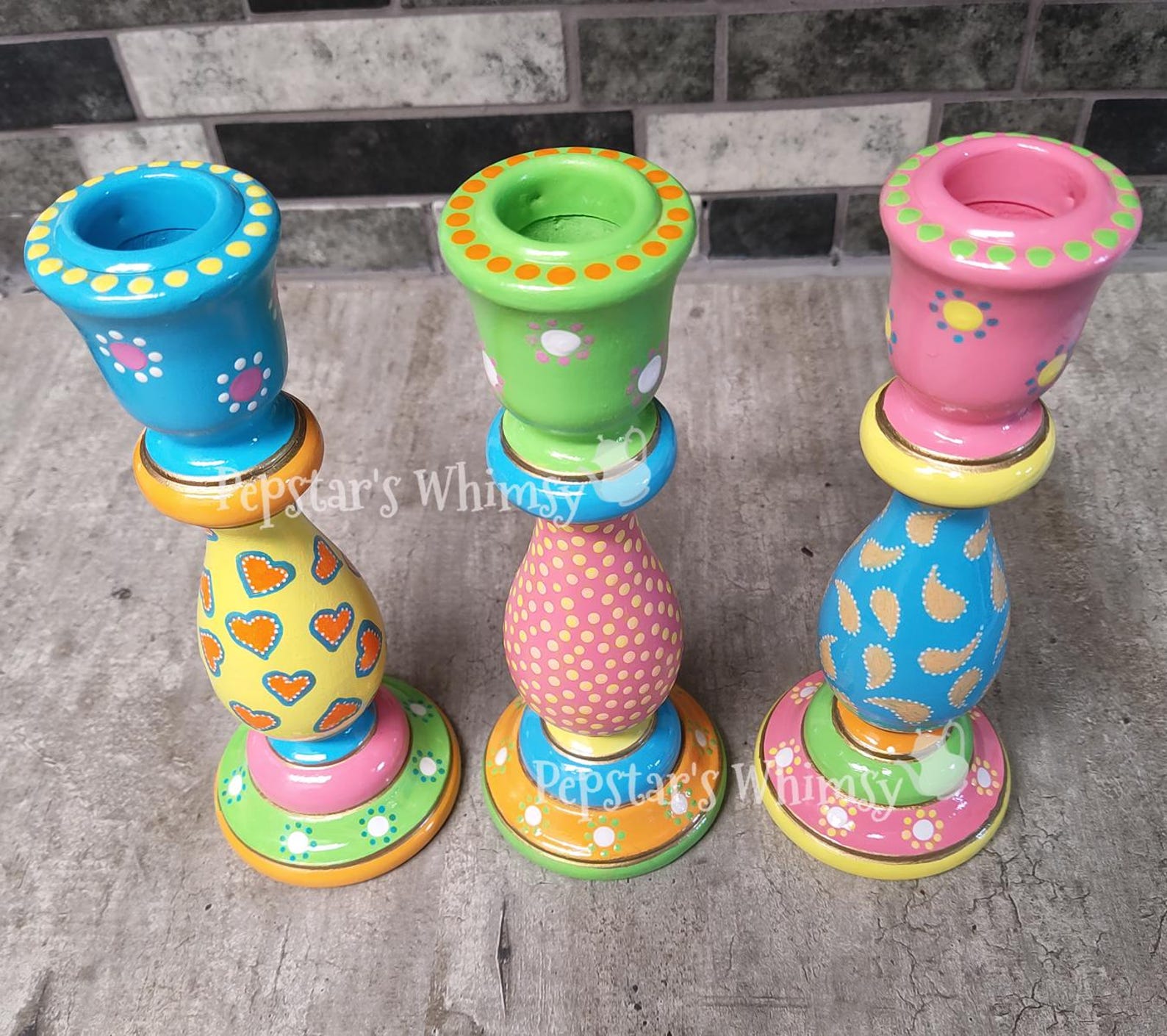 Whimsical, Boho, Hand Painted Candlesticks Set of Three - Etsy
