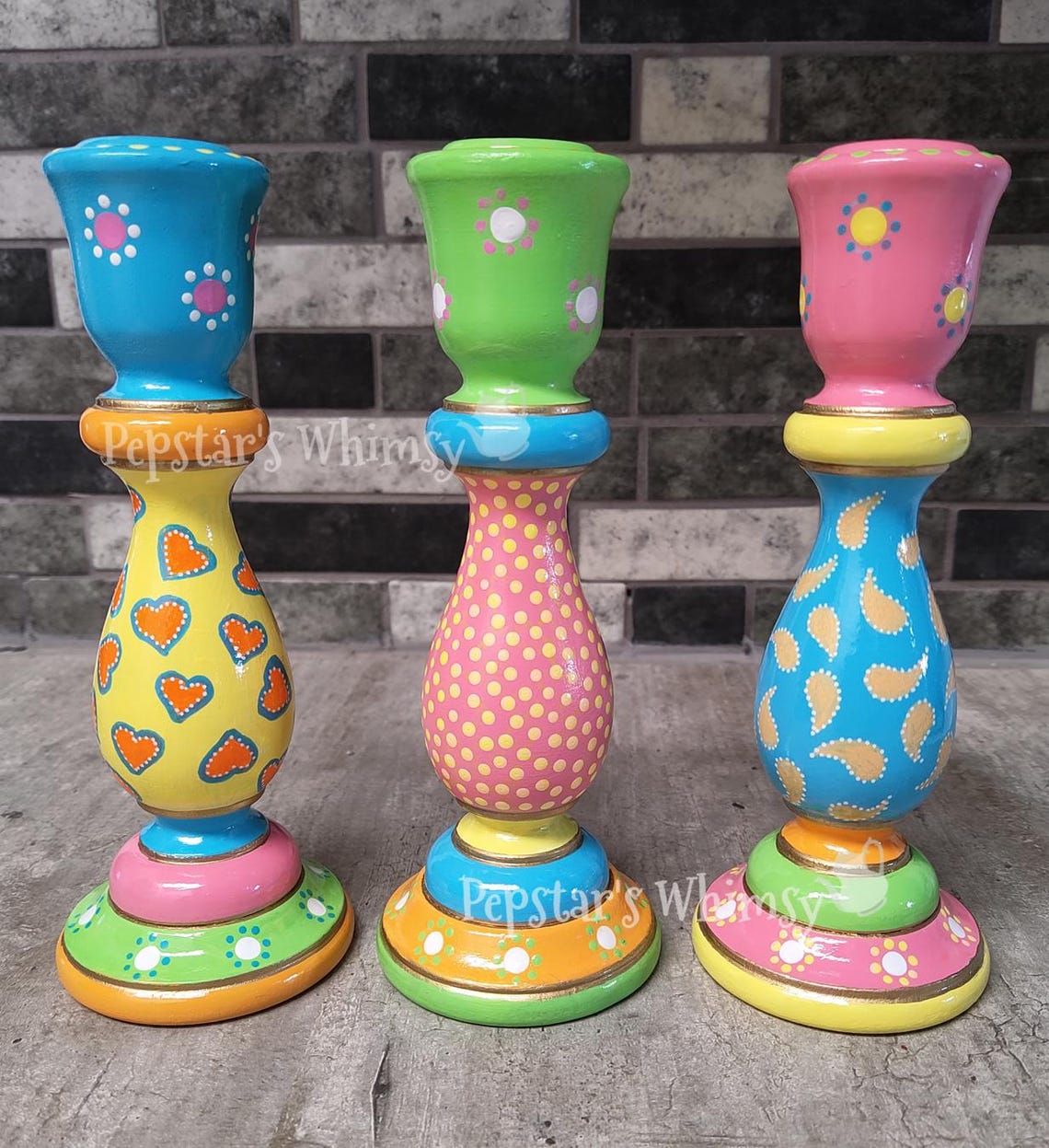Whimsical, Boho, Hand Painted Candlesticks Set of Three - Etsy