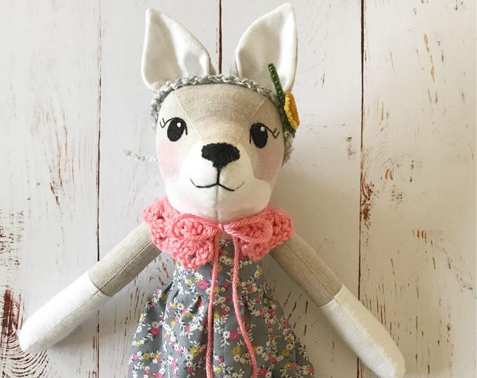 Wolf Doll: Handmade Heirloom Rag Doll, Wolf Girl With Grey Floral Dress ...