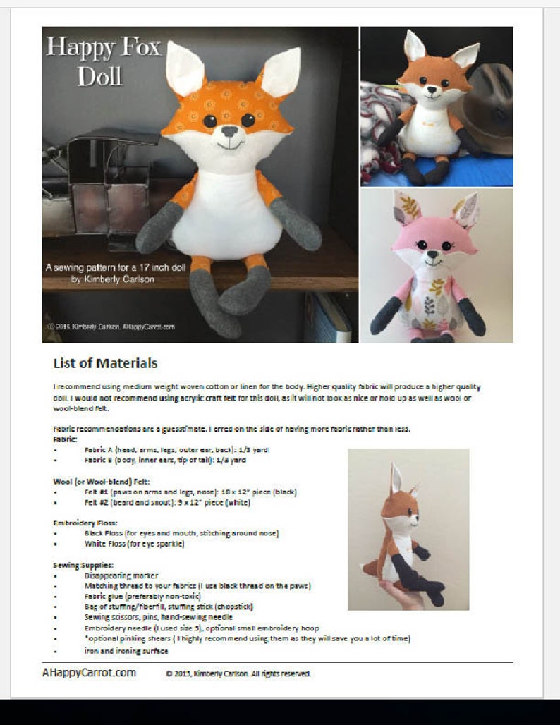Happy Fox Sewing Pattern; Stuffed Fox, PDF Fox Doll, Plushie Pattern ...