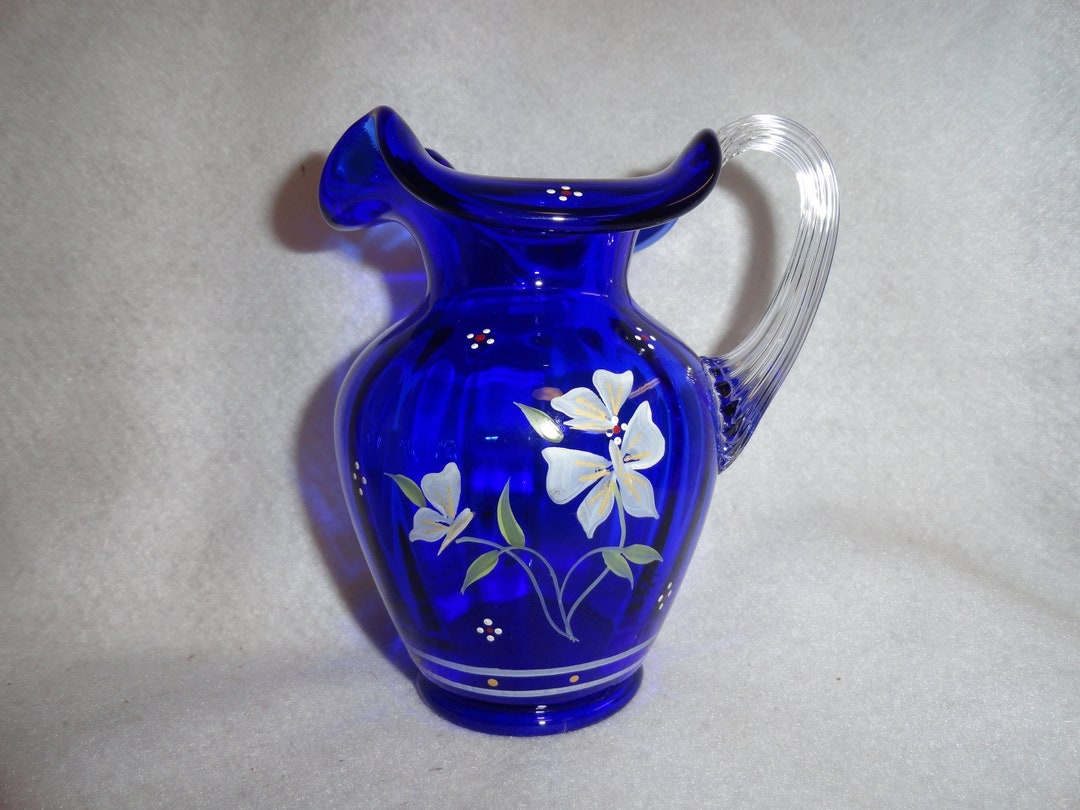 Fenton Hand Painted Cobalt Blue Pitcher - Etsy
