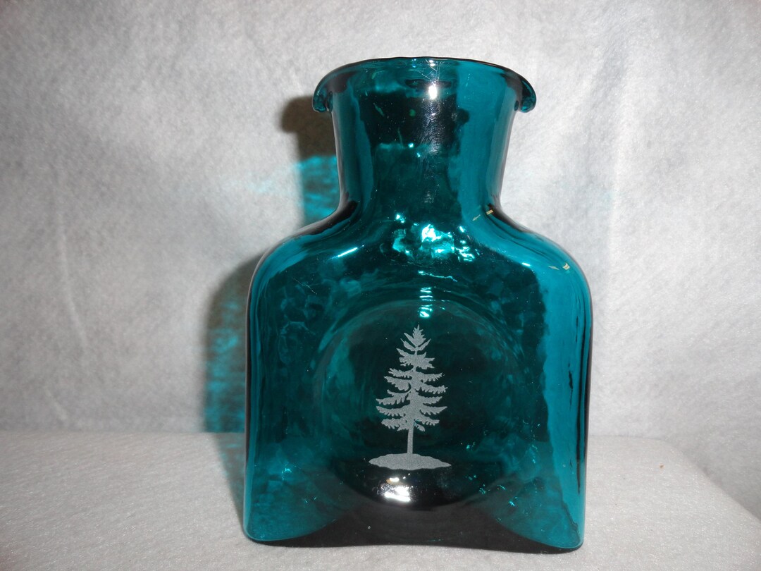 Blenko Cerulean Christmas Tree Etched Mini Water Bottle - New - Etsy