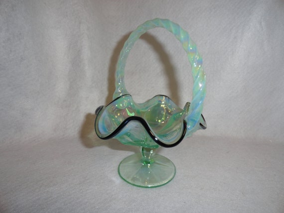 Fenton Iridescent Green Basket With Ebony Rim Made for QVC | Etsy