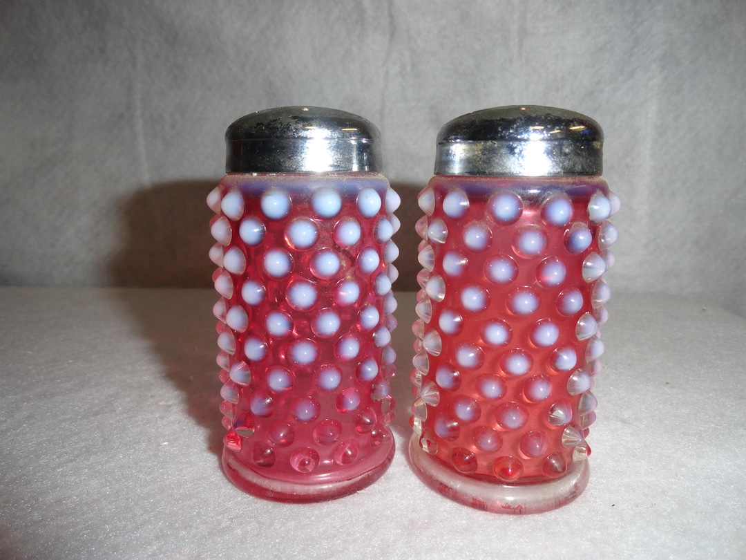 Vintage Fenton Cranberry Opalescent Hobnail Salt and Pepper Shaker Pair ...