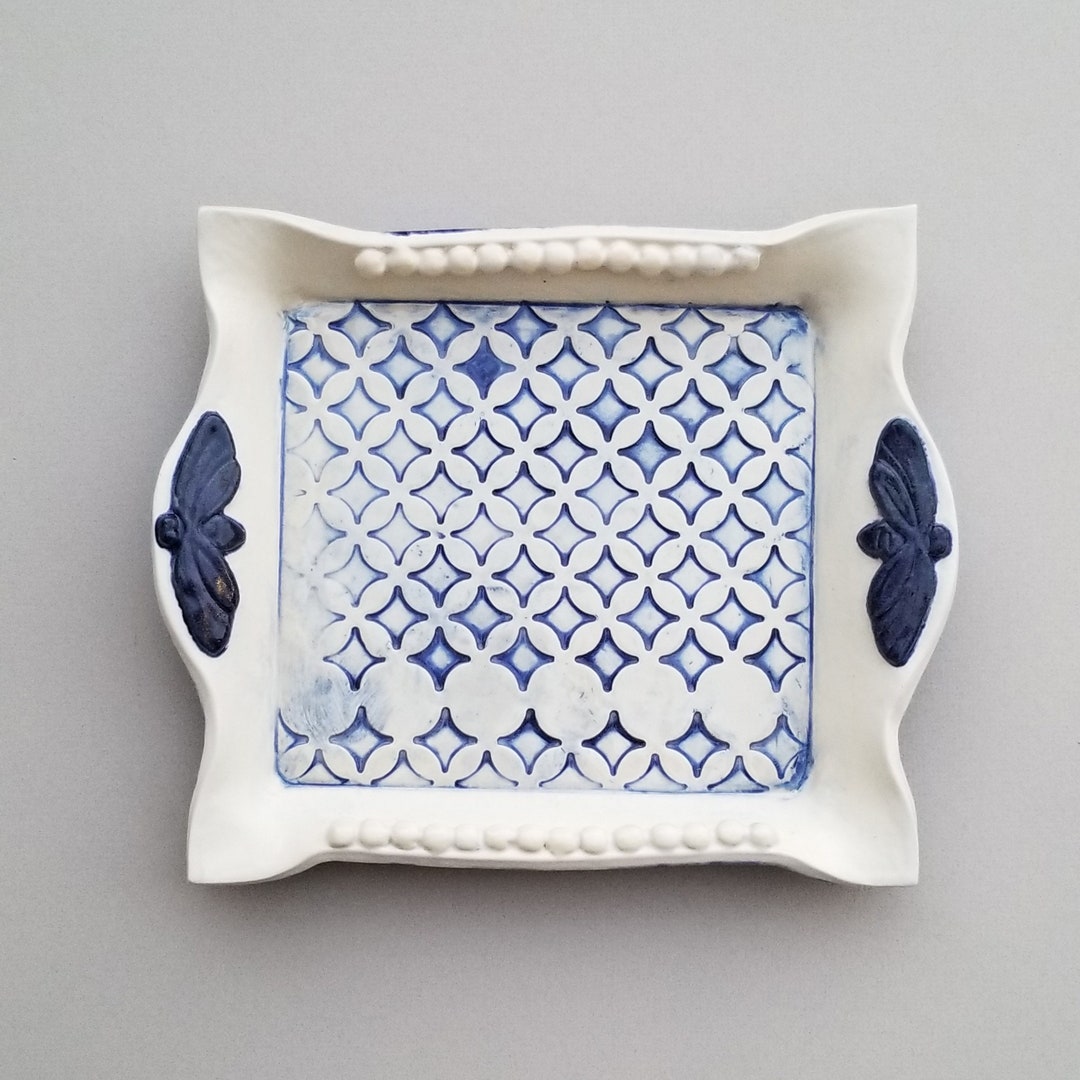 Handmade Blue and White Ceramic Tray With Bees / Plate / Cookie Tray ...