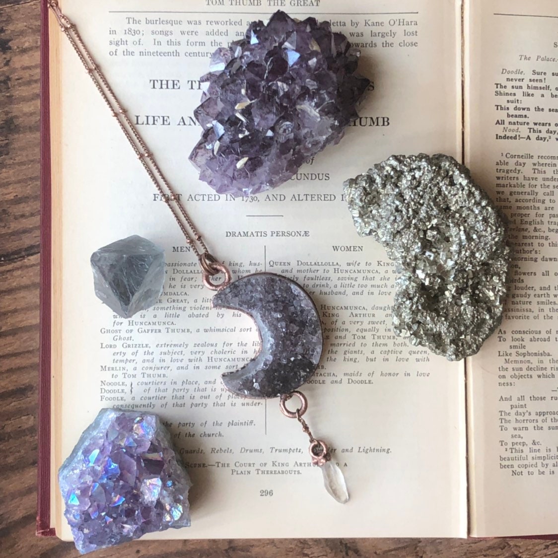 Druzy Amethyst Moon Necklace • with Clear Quartz • Electroformed Copper