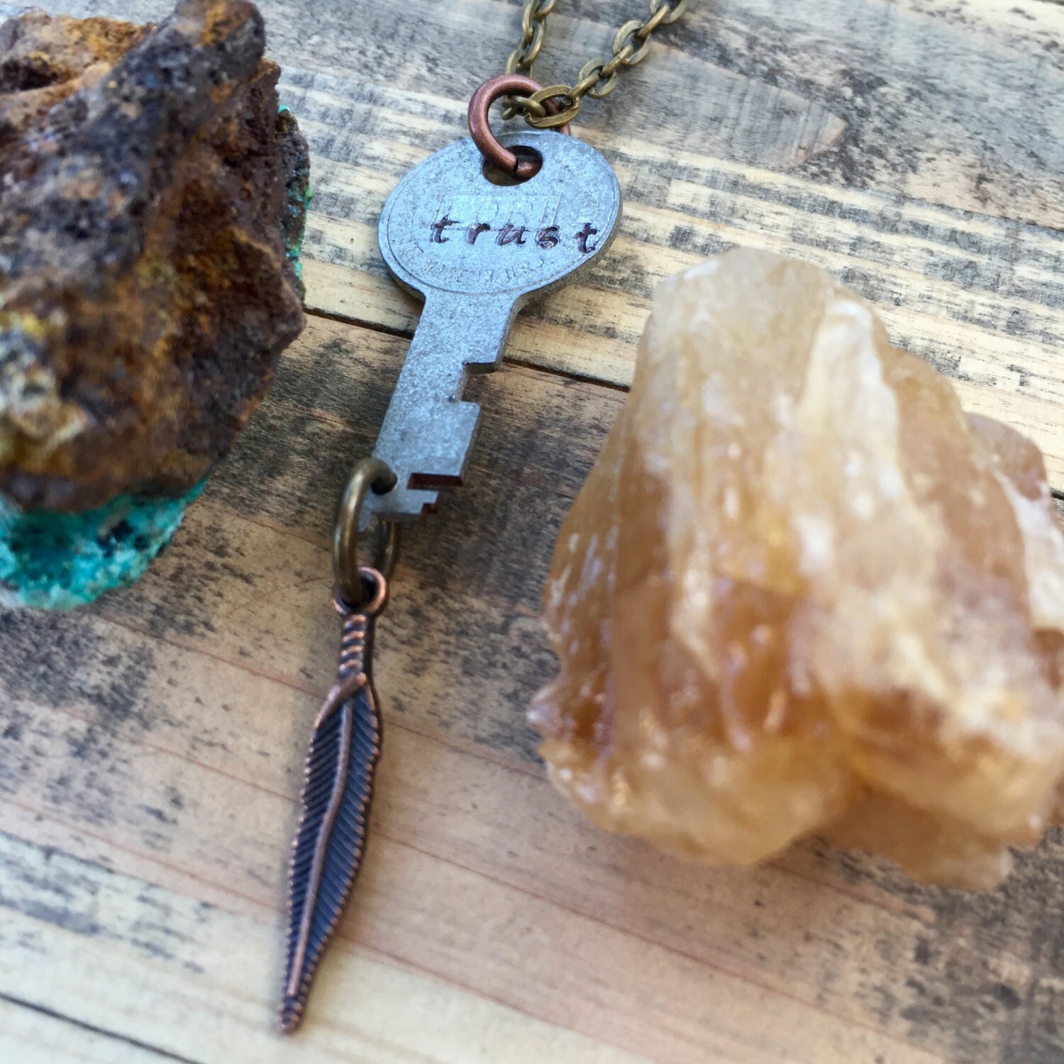 hand stamped recycled key necklace keepsake with metal feathers | trust ...