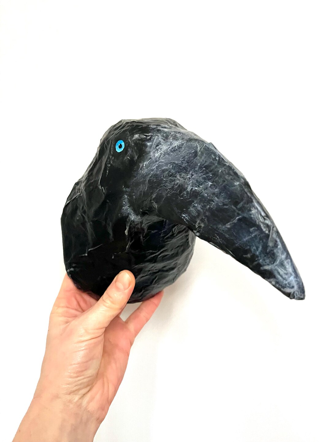 Paper Mache Blue Eyed Crow Wall Art, Crow Sculpture, Crow Decor, Rook ...