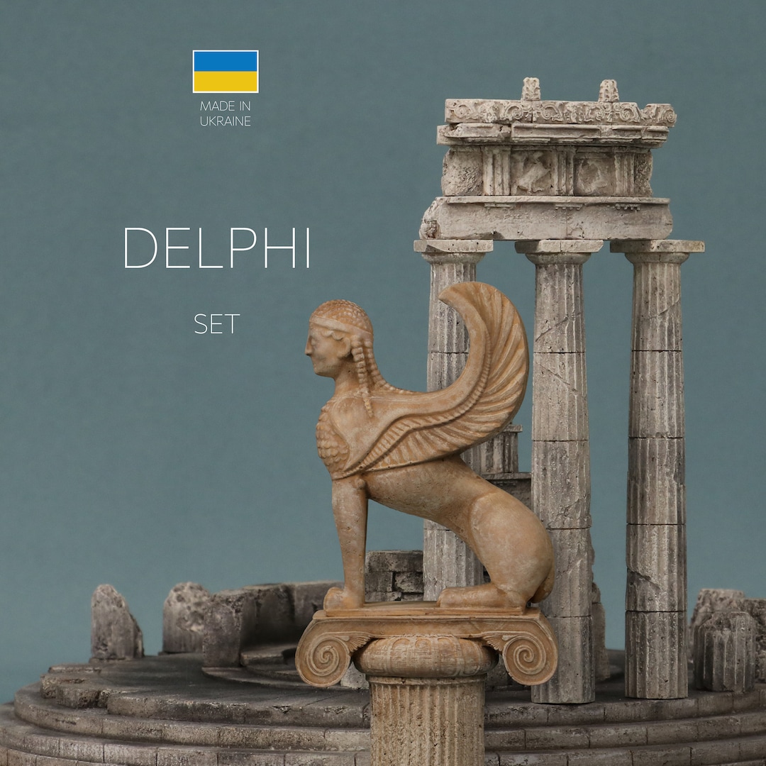 Museum replica of Ancient Sphinx Statue Sculpture Greek Tholos temple ...