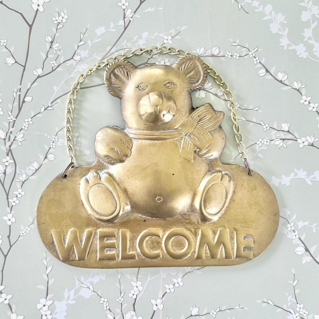 Vintage Brass Teddy Bear Welcome Sign Nursery Decor | Grand Millennial ...
