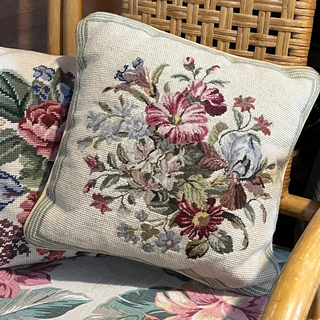 Vintage Floral Needlepoint Petit Point Pillow Needlework Preppy Home ...