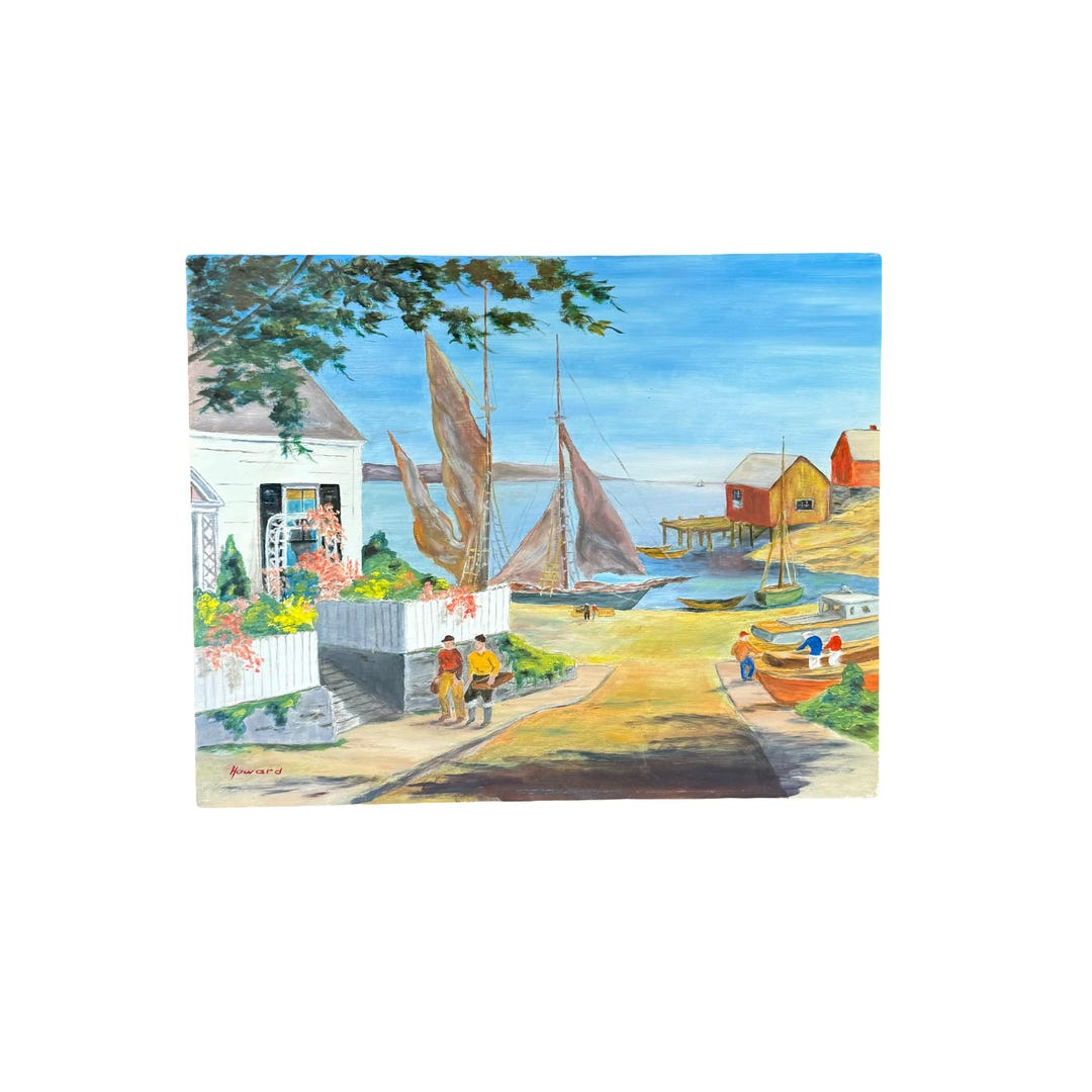 Vintage Nautical Folk Art Oil Painting Coastal New England Harbor Boats ...