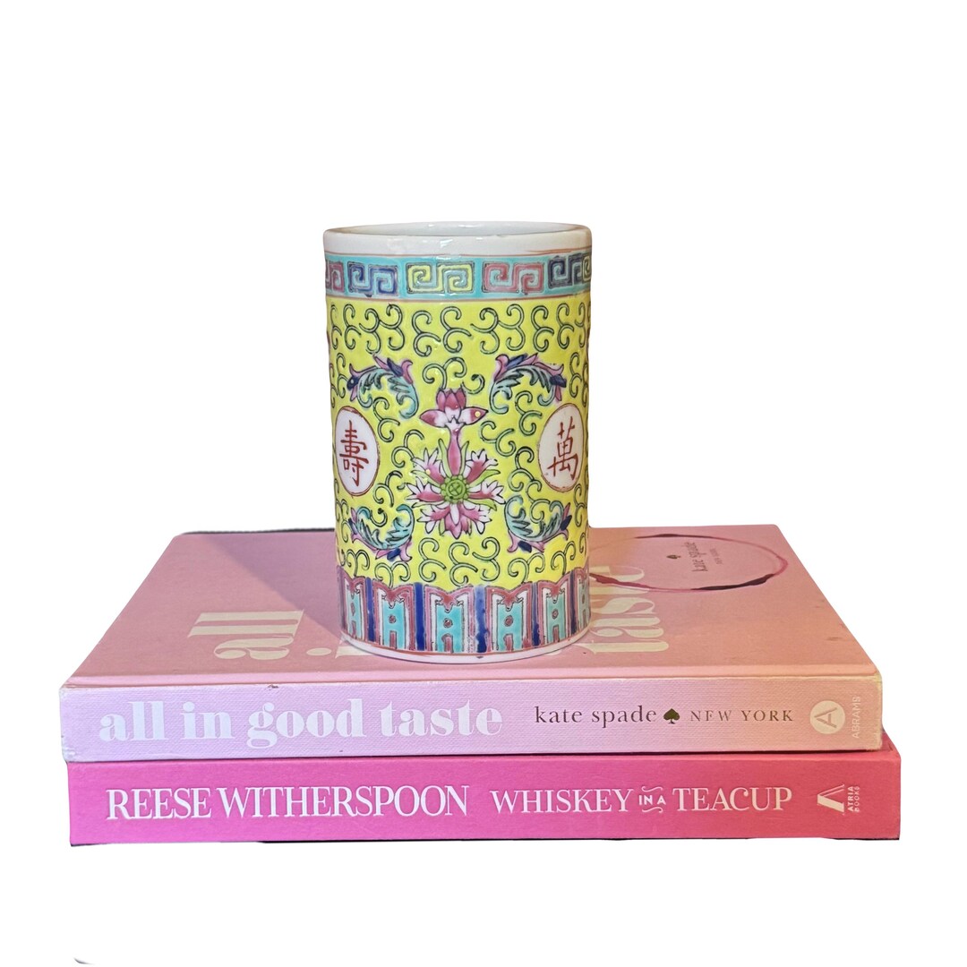 Vintage Chinoiserie Mun Shou Porcelain Brush Pot Vase Pink Yellow ...