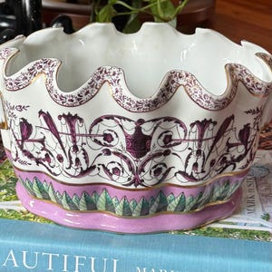 Porcelain Foot Bath Planter Cachepot Pink Green Floral Birds Scalloped ...