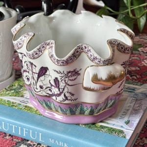 Porcelain Foot Bath Planter Cachepot Pink Green Floral Birds Scalloped ...