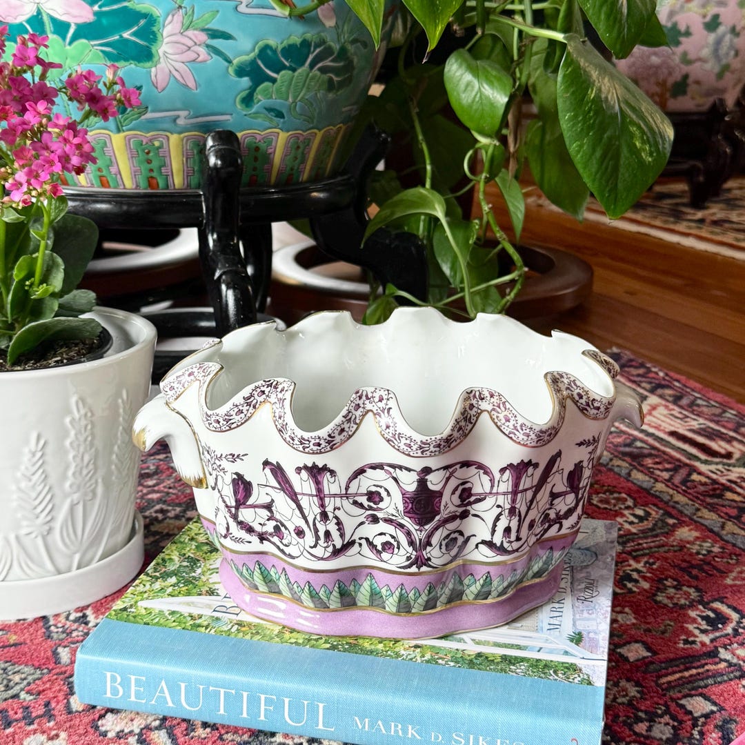 Porcelain Foot Bath Planter Cachepot Pink Green Floral Birds Scalloped ...