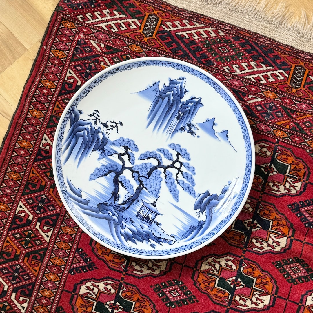 Very Large Porcelain Blue and White Charger Platter Chinoiserie Preppy ...