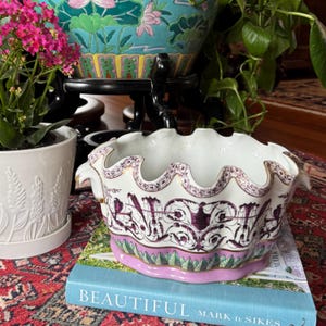 Porcelain Foot Bath Planter Cachepot Pink Green Floral Birds Scalloped ...