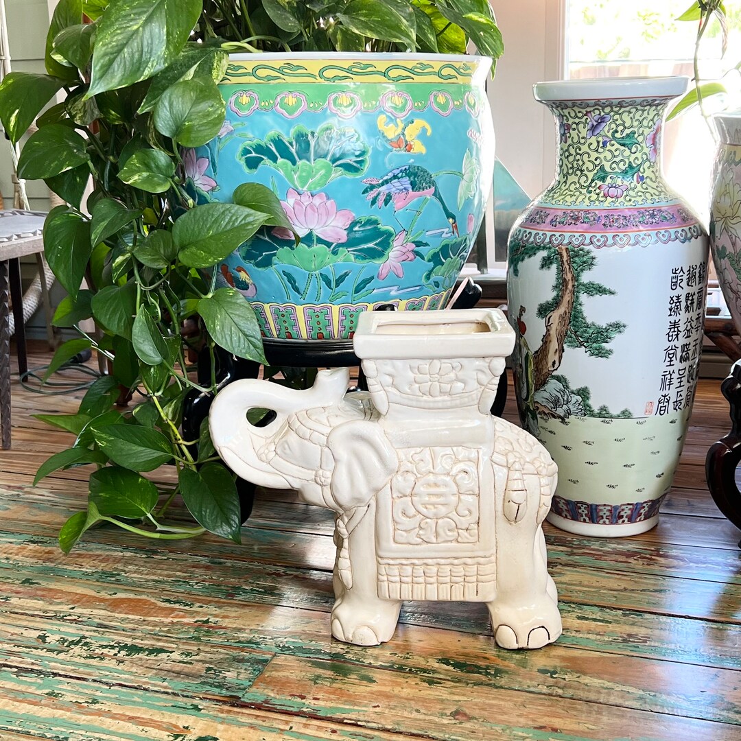 Vintage Glazed White Elephant Planter Garden Statue Chinoiserie Decor ...
