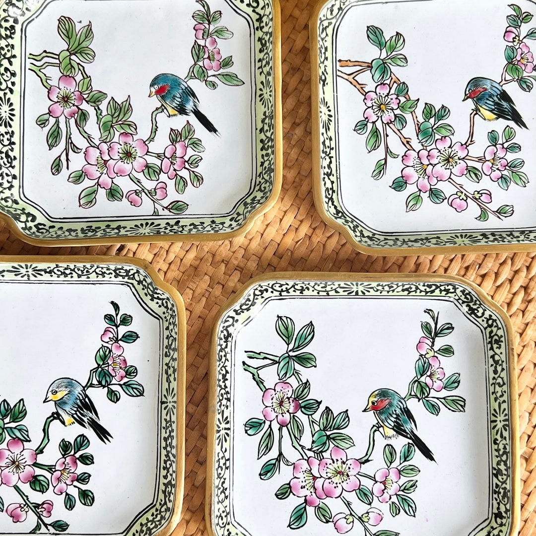 Chinoiserie Floral Bird Enamel Coasters Set of 5 / Trinket Dish / Pink ...