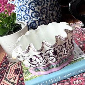 Porcelain Foot Bath Planter Cachepot Pink Green Floral Birds Scalloped ...