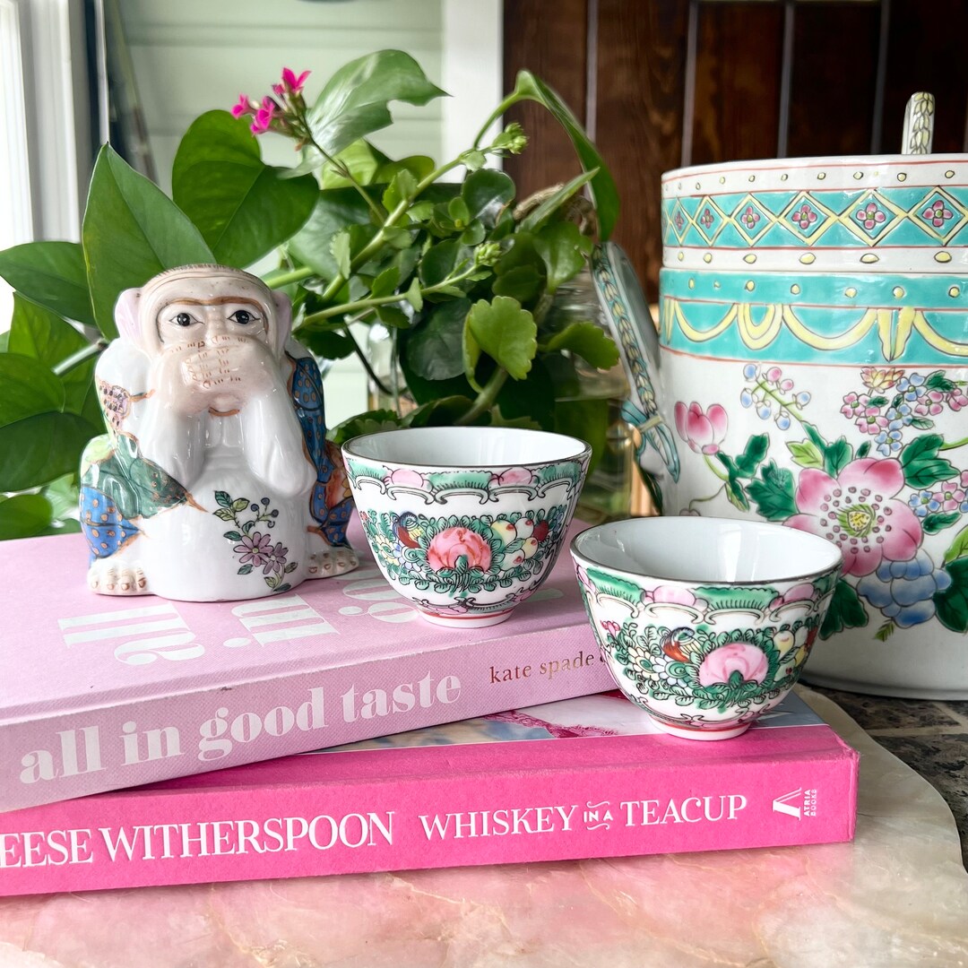 PAIR Chinoiserie Famille Rose Medallion Tiny Cups | Trinket Dish | Rose ...