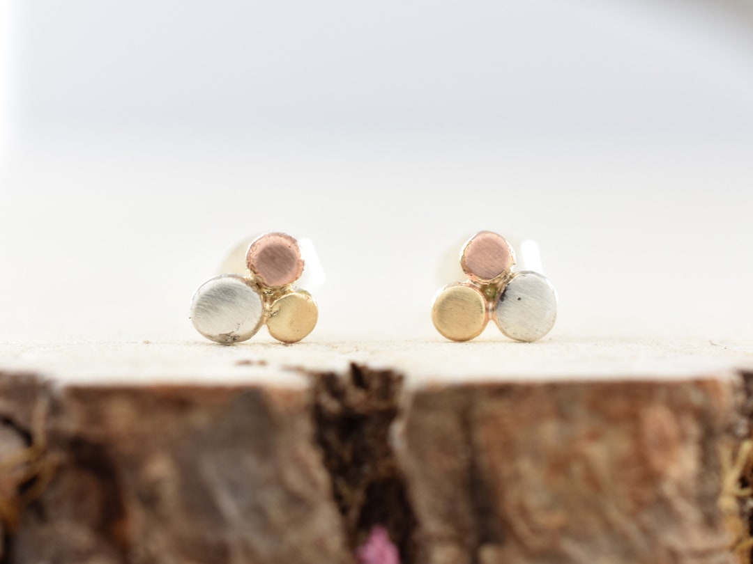 Small 14k Yellow and Rose Gold and Sterling Silver Pebble Post Earrings ...