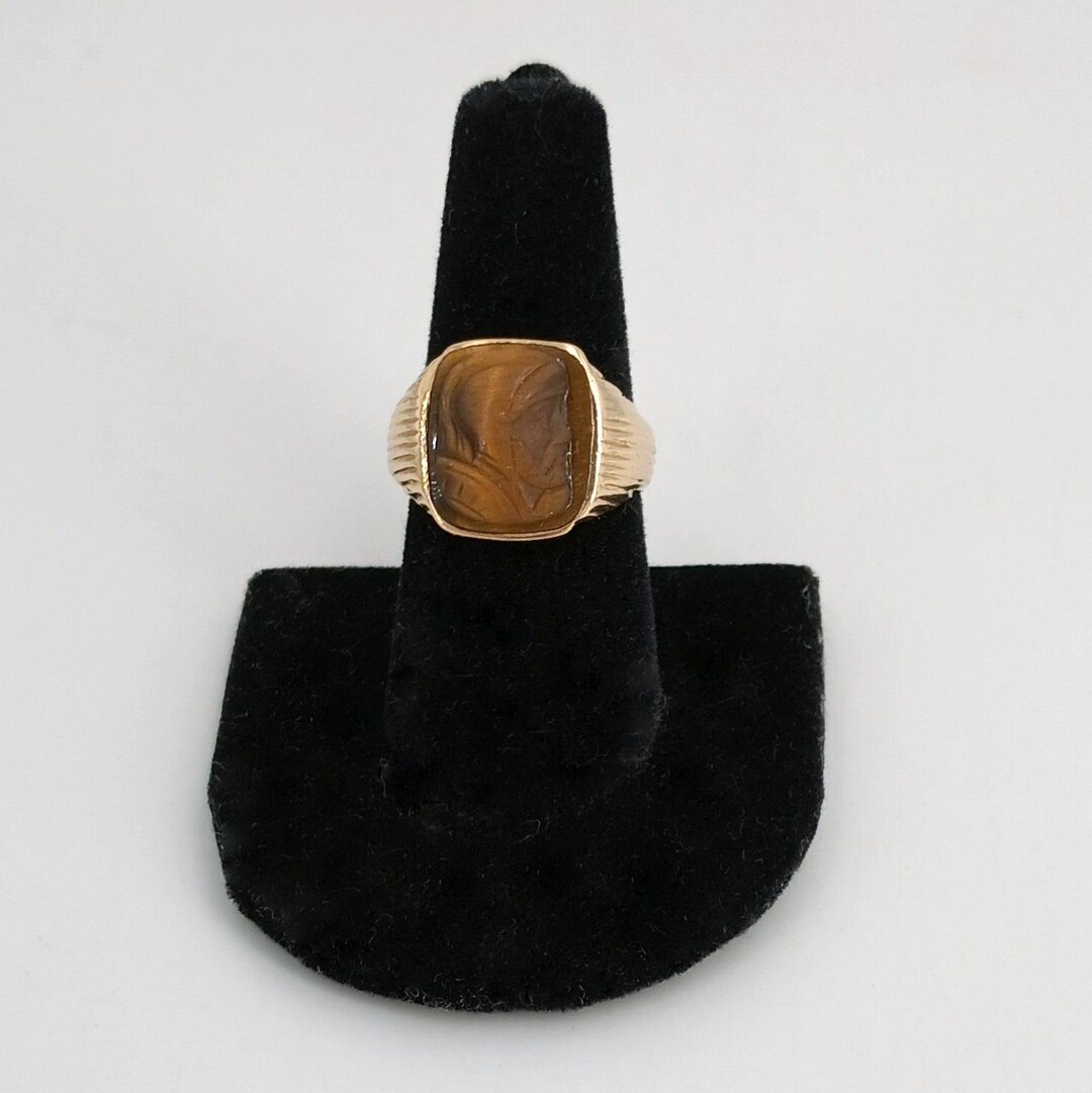 10KT Gold Tiger Eye Cameo Intaglio Warrior Signet Ring Size 9.25 6.8gr ...
