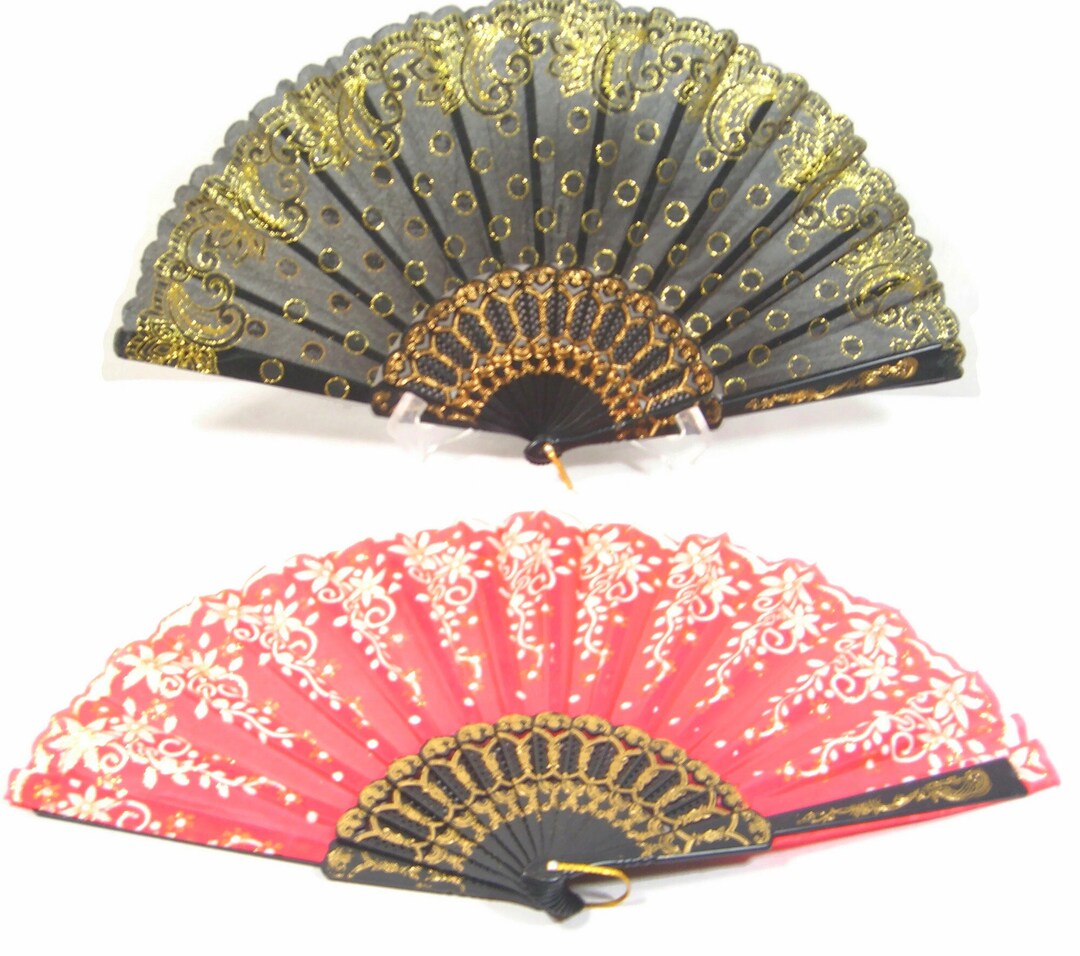 Folding Hand Fans, Set of 2 Different Designs, Floral, Pink Black ...