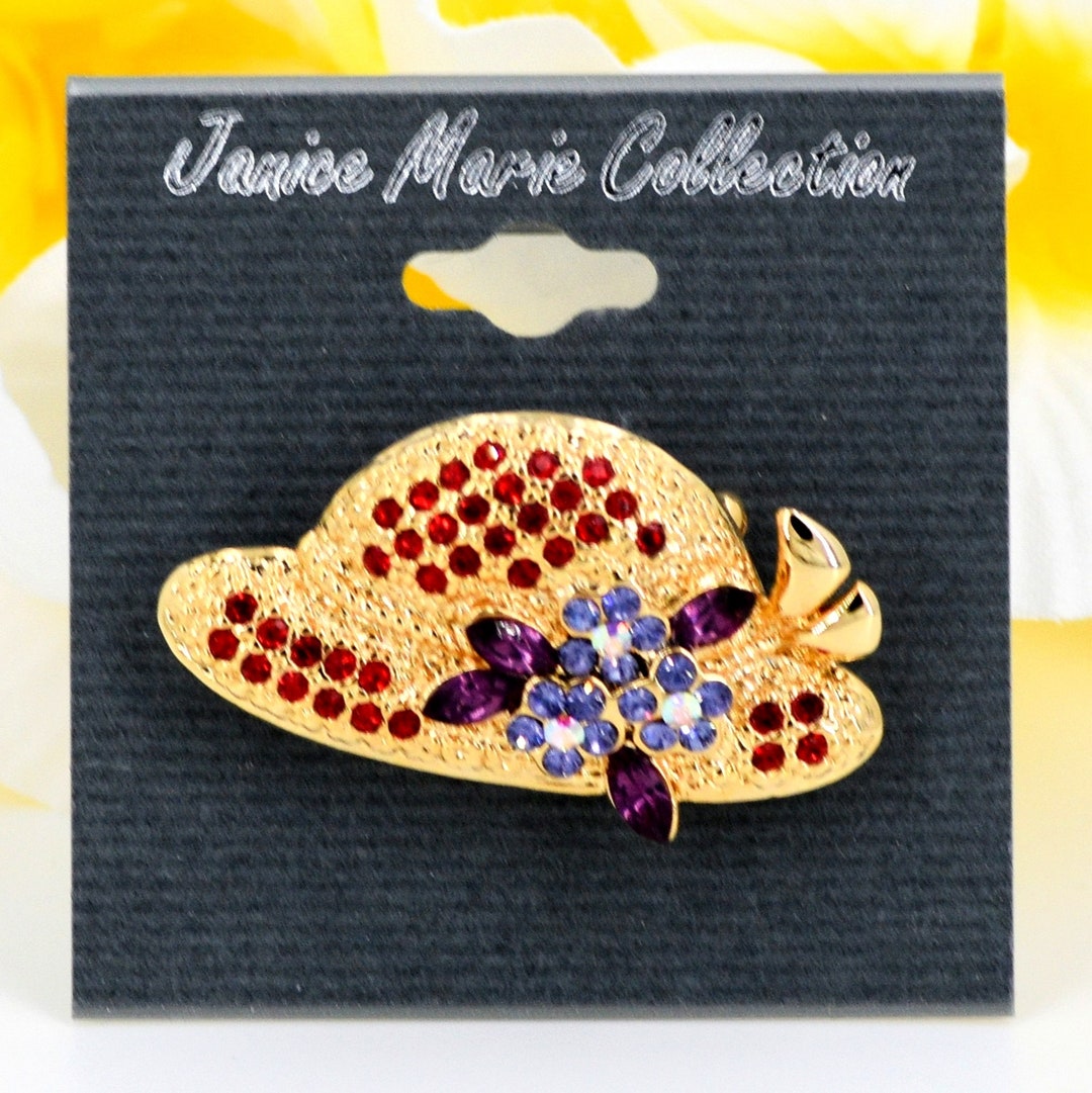 Vintage Gold Red Hat Ladies Crystal Pin Brooch With Flowers CP04 - Etsy