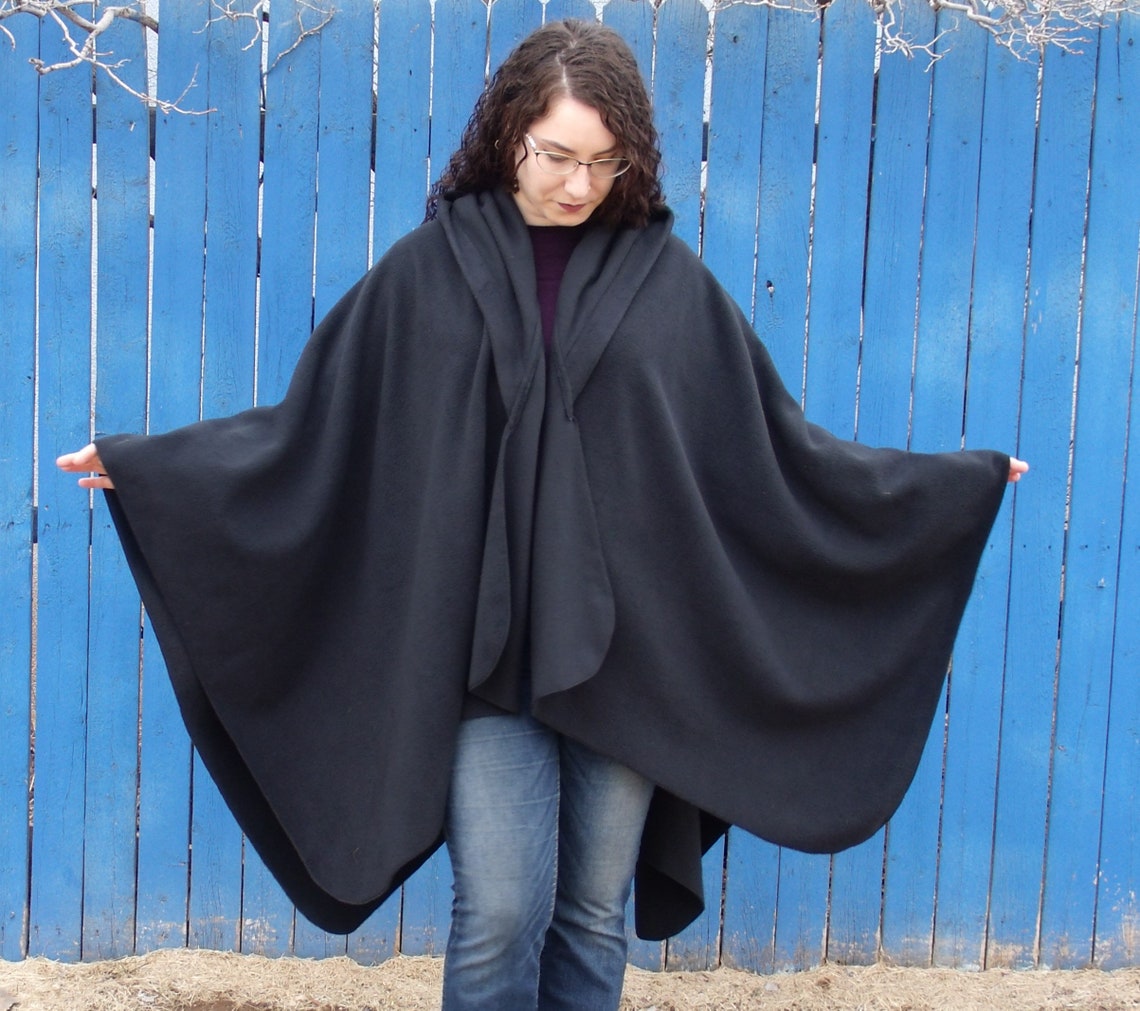 Black Fleece Ruana With Hood Warm and Soft Fleece Ruana With - Etsy