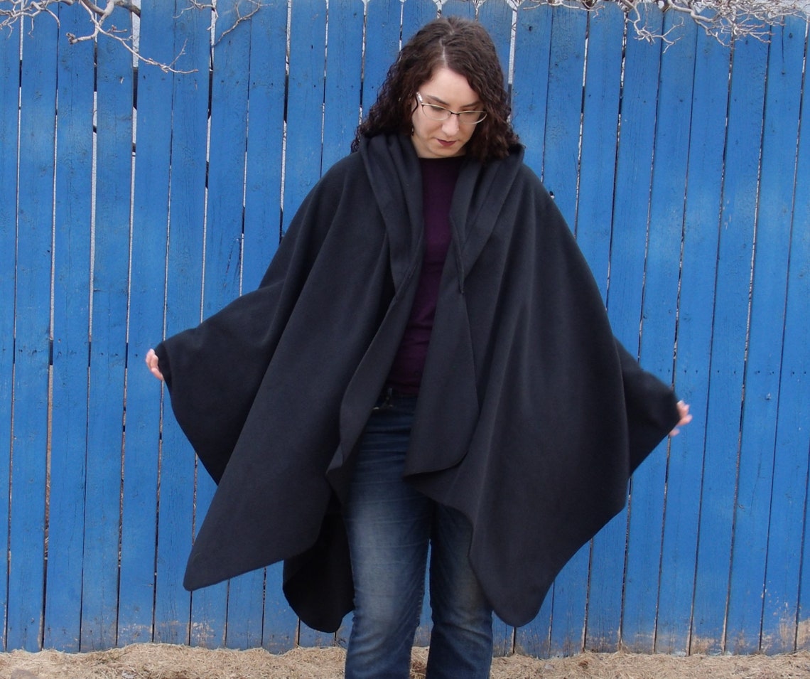 Black Fleece Ruana With Hood Warm and Soft Fleece Ruana With - Etsy