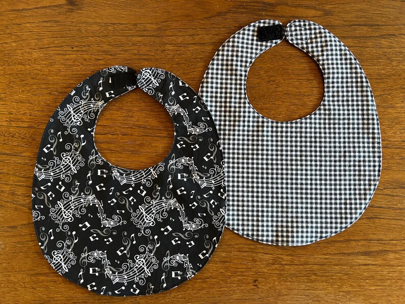 Music Notes & Black Check Reversible Cotton Baby Bib, Washable, Made in ...
