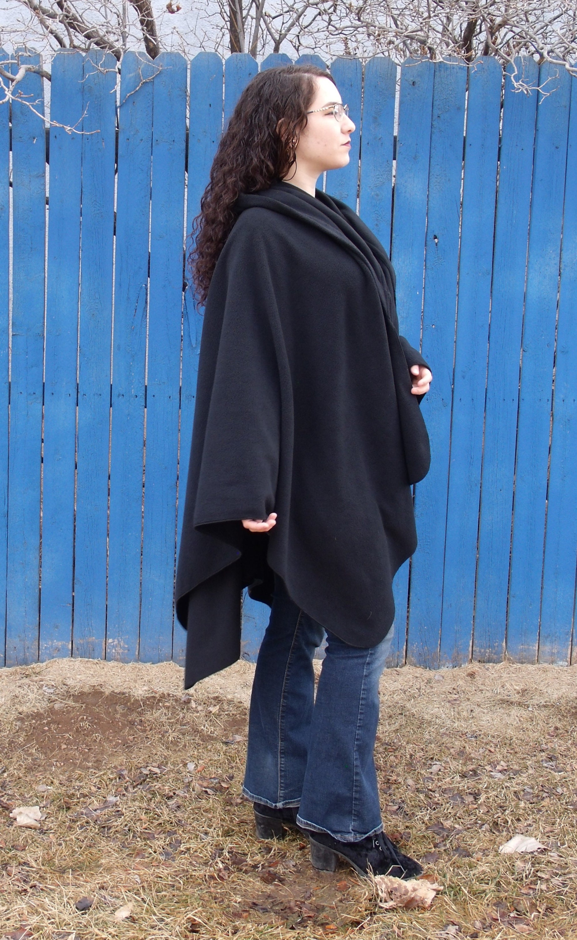 Black Fleece Ruana With Hood Warm and Soft Fleece Ruana With - Etsy