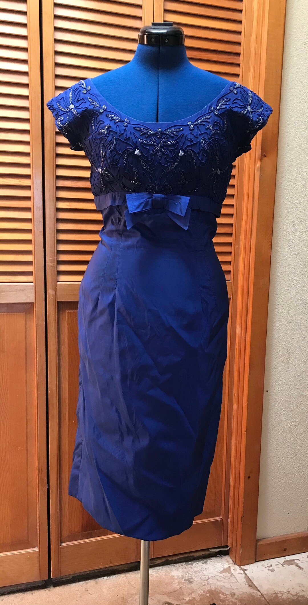 1950's Blue Silk Cocktail Dress With Beading, Vintage Bright Blue Silk ...