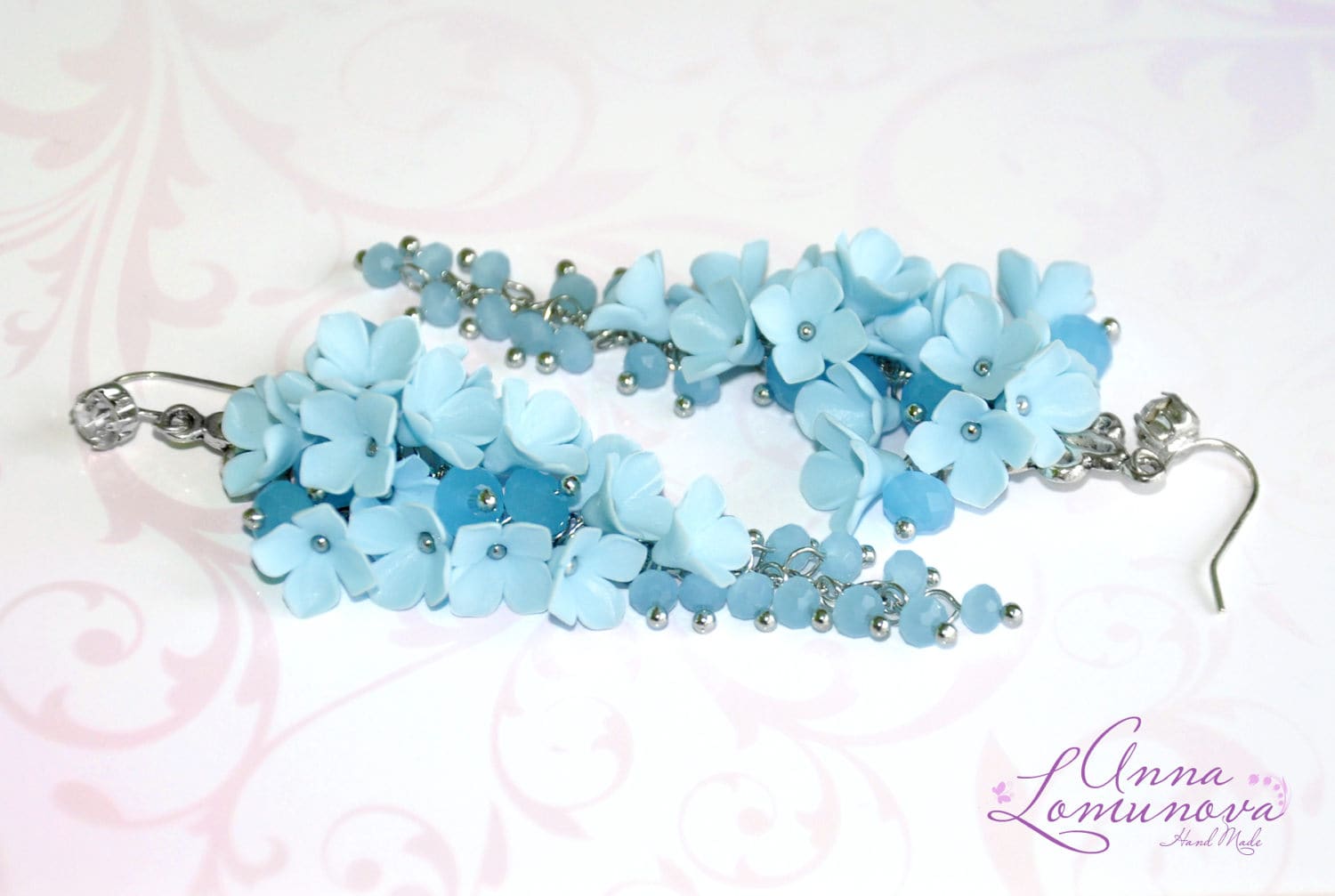 Flower Long Earrings Light Blue Earrings Blue Long Earrings Floral Long ...