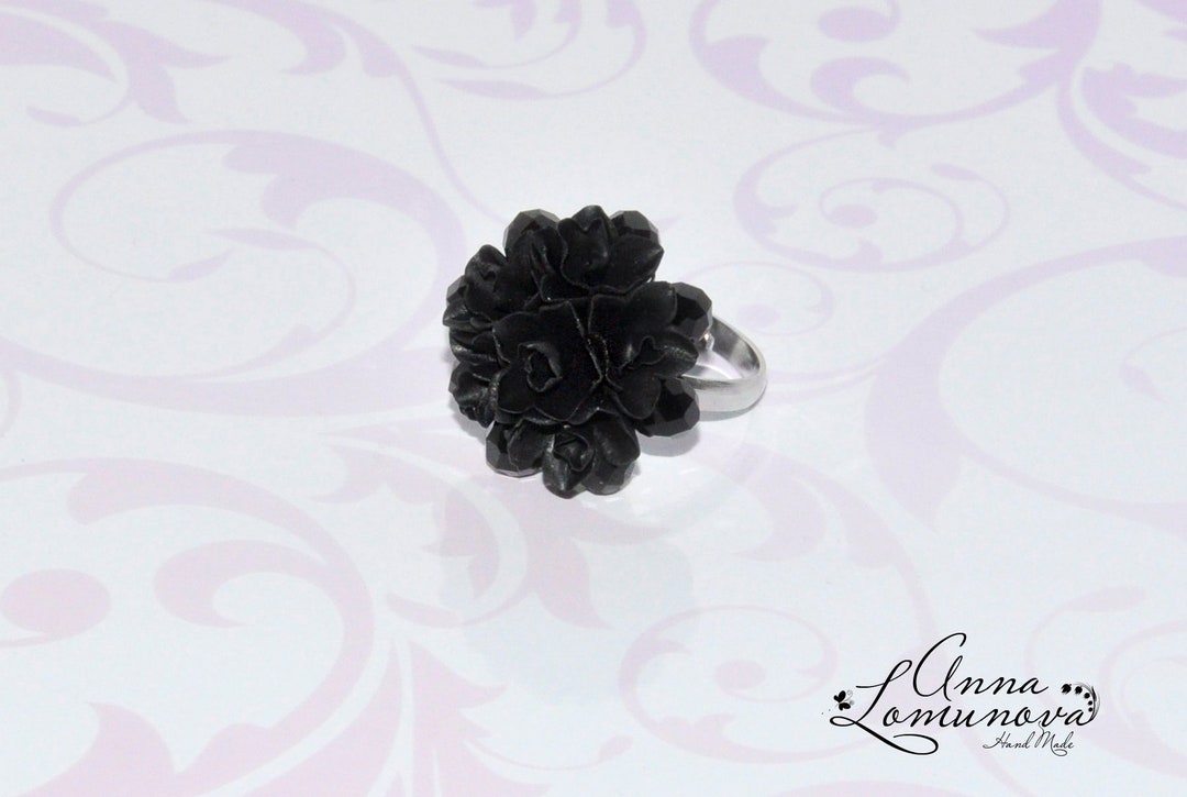 Black Flower Ring Black Cocktail Ring Black Statement Rings Black ...