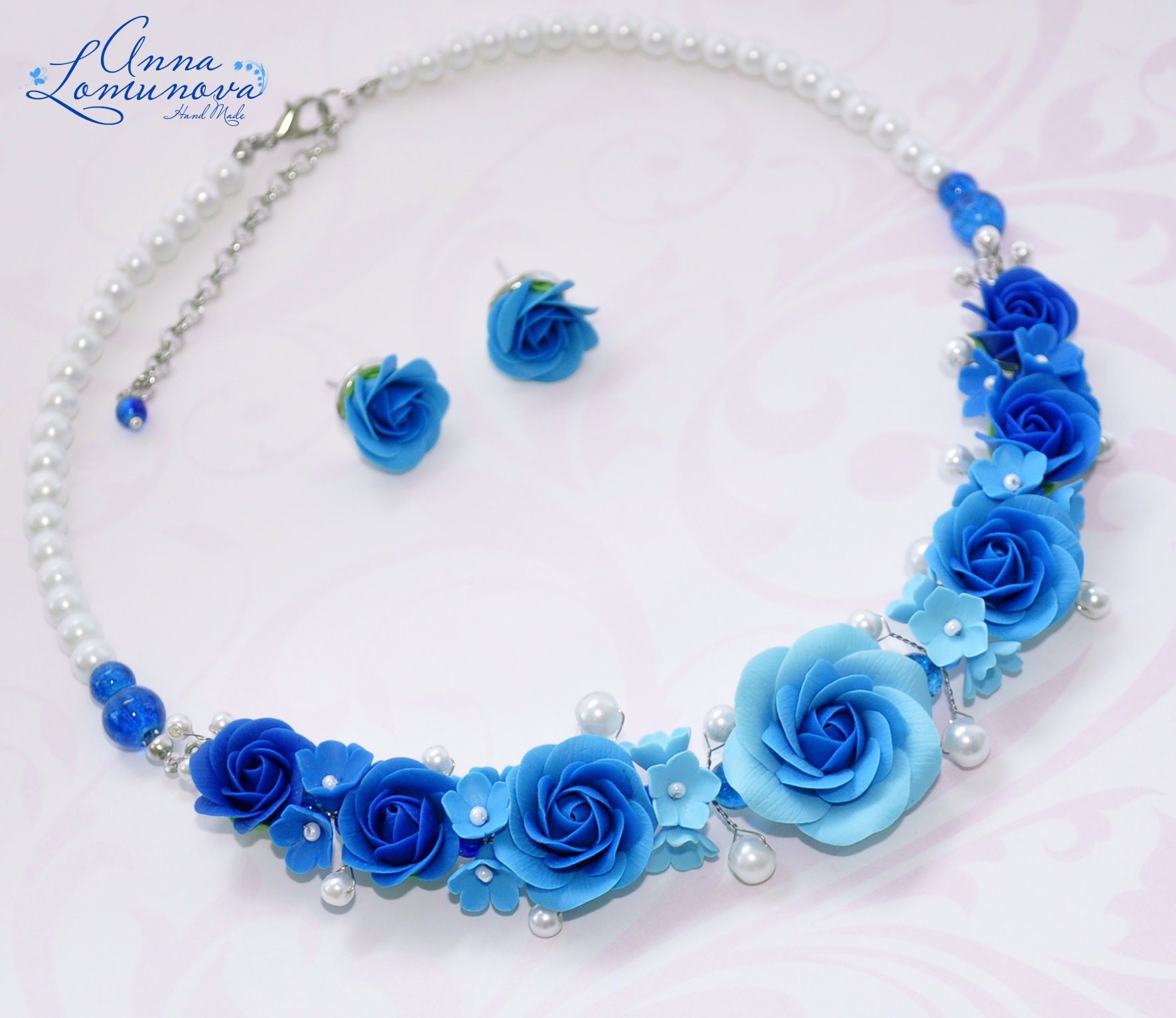 Blue statement necklace Blue roses necklace Blue floral | Etsy