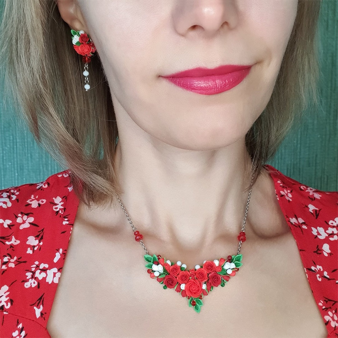 Red Jewelry Set Red Rose Jewelry Set Bright Jewelry Set Red Flower ...