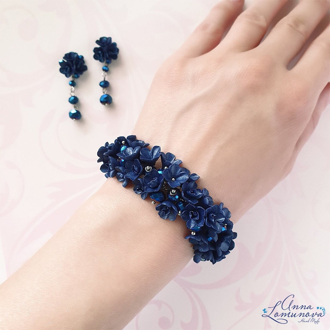 Navy Blue Bracelet Dark Blue Bracelet Navy Blue Jewelry Set Blue Flower ...