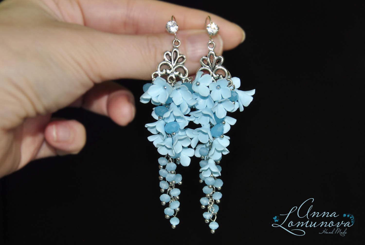 Flower Long Earrings Light Blue Earrings Blue Long Earrings Floral Long ...