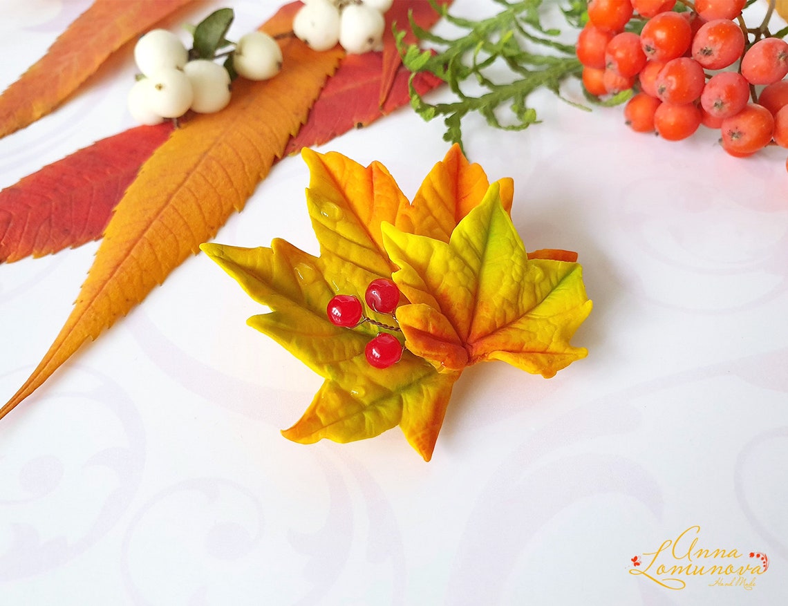 Real Leaf Brooch Autumn Jewelry Yellow Maple Leaf Brooch Polymer Clay ...