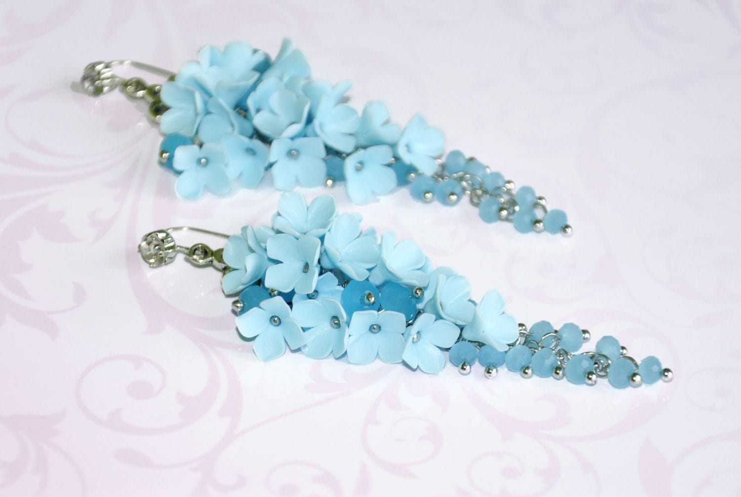 Flower Long Earrings Light Blue Earrings Blue Long Earrings Floral Long ...