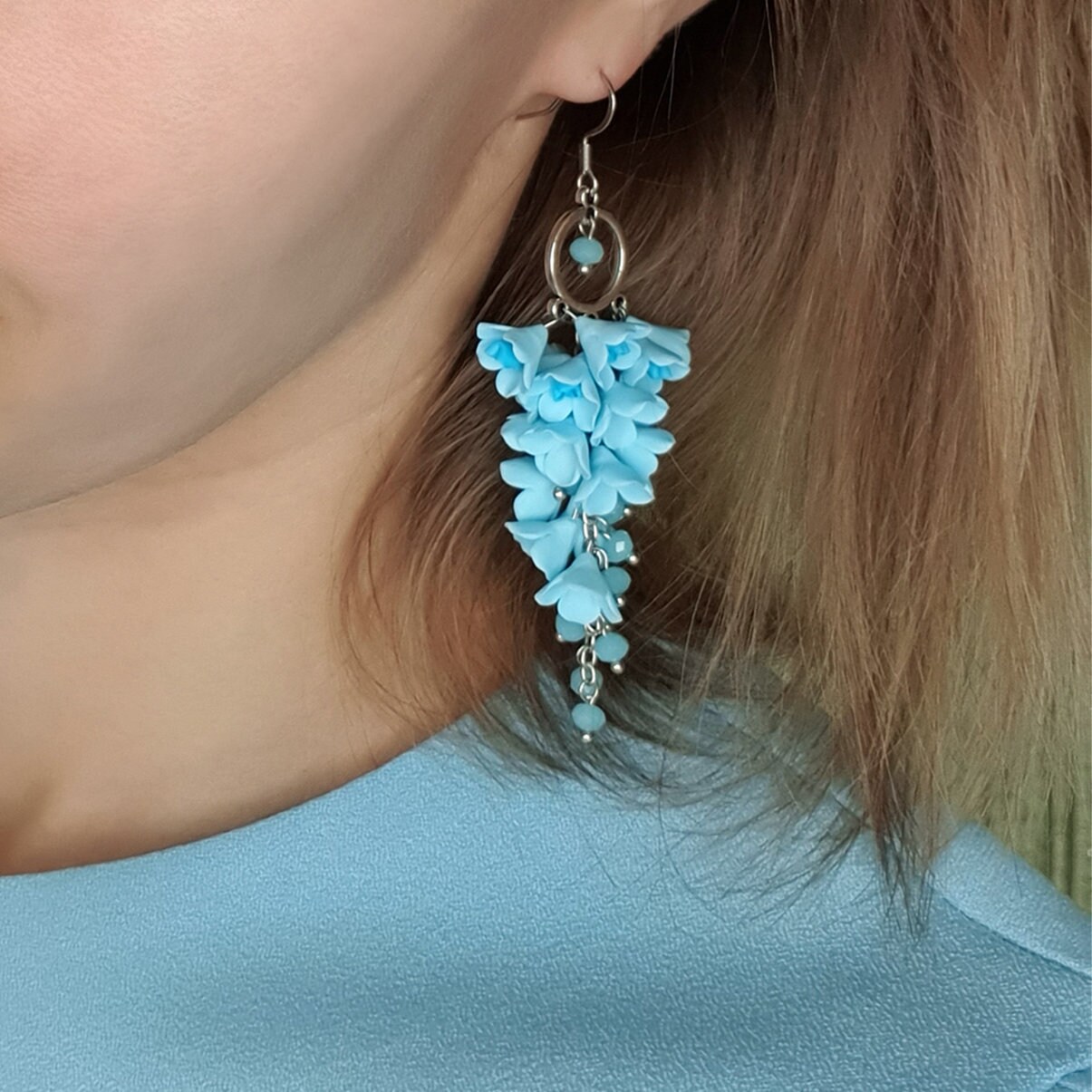 Light Blue Earrings Blue Long Earring Blue Flower Earrings - Etsy UK