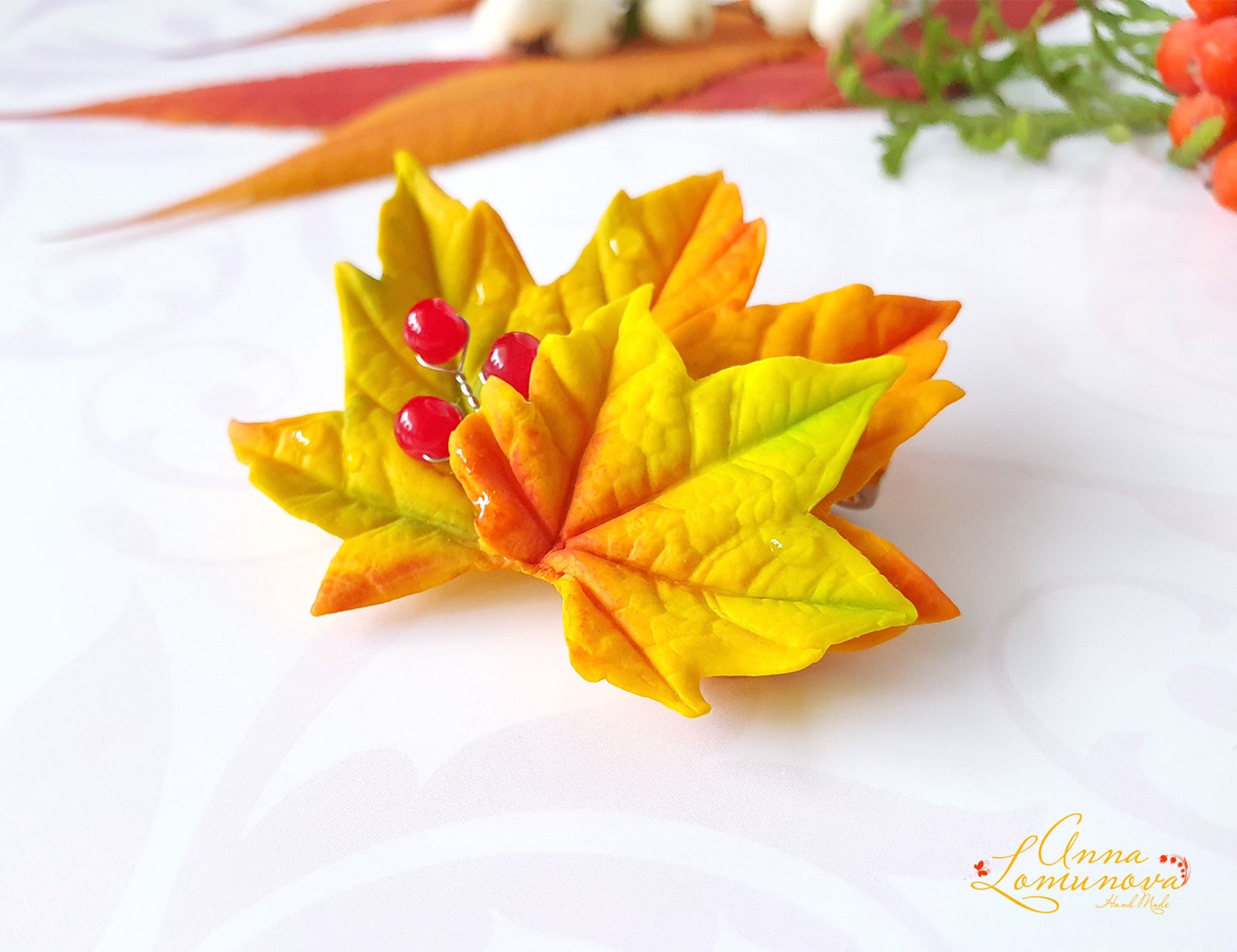 Real Leaf Brooch Autumn Jewelry Yellow Maple Leaf Brooch Polymer Clay ...