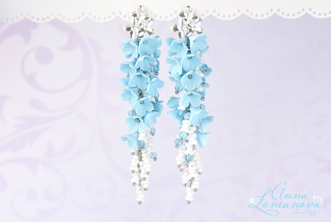 Light Blue Earrings Blue Long Earrings White Blue Earring Blue Flower ...